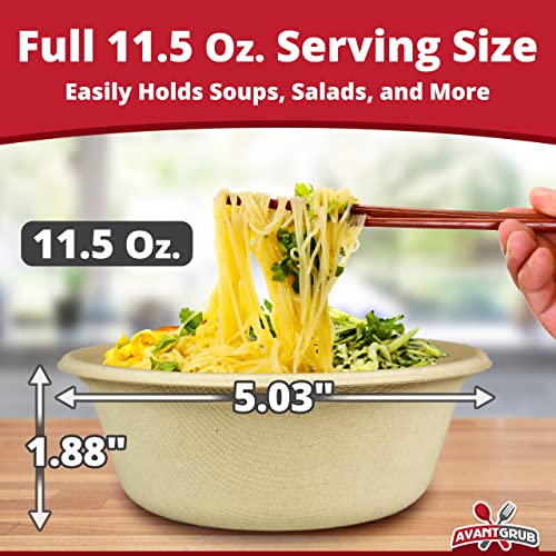 Leak-Proof, Compostable 11.5 oz Disposable Bowls 50 Pk. Sturdy, Eco Friendly, Microwave Safe Sugarcane Containers for Dinner or Dessert. Small Serving Bowl for Hot Soup, Salad, Snacks