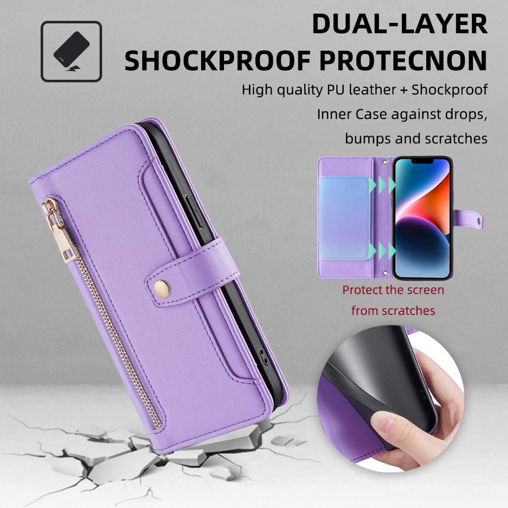 Arseaiy Wallet Case for iPhone 15 Pro Max Flip Phone Case with Adjustable Crossbody Strap Magnetic Handbag Zipper Pocket Cases PU Leather Shockproof Cover with Kickstand Phone Shell Purple