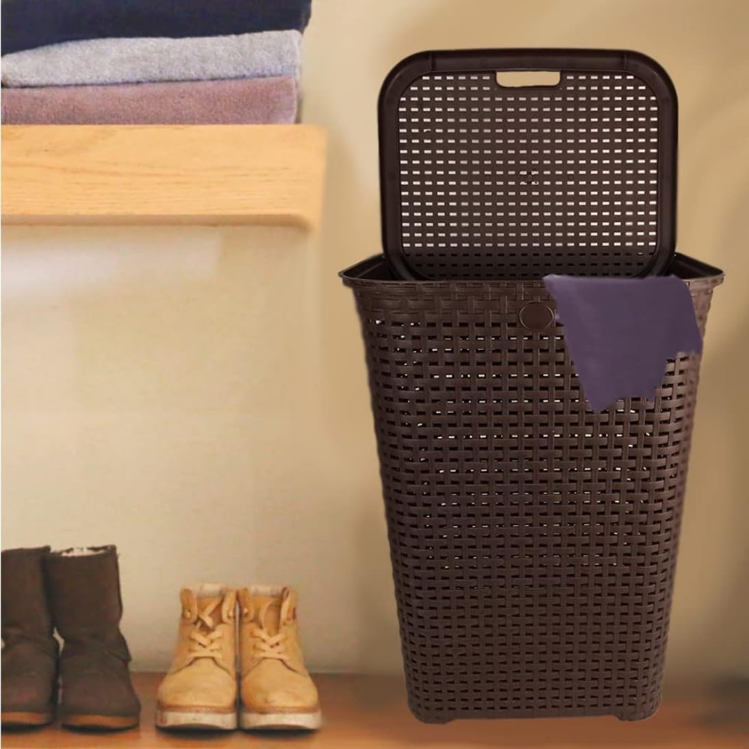 Elly décor Set 2 Rattan 12 gallons Tall Plastic Laundry Hamper, Laundry Basket with Cutout Handles, Washing Bin, Dirty Clothes Storage, Bathroom, Bedroom, Closet, 48 lts Chocolate