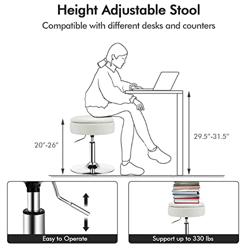COSTWAY Counter Height Bar Stool, Tufted PU Leather 20"-26" H Adjustable Swivel Vanity Chair with Removable Tray Top and Storage Space, Modern Round Ottoman for Makeup Kitchen Island Shop, White