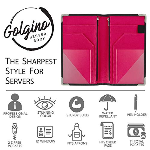 Golgino Server Book for Waitress & Waiter 9 x 5 Inch, Two Zipper Pockets & ID Holder, Premium Receipt Organizer Wallet Fits Aprons, 11 Money Pockets Perfect for Server Banking (Black/Magenta)