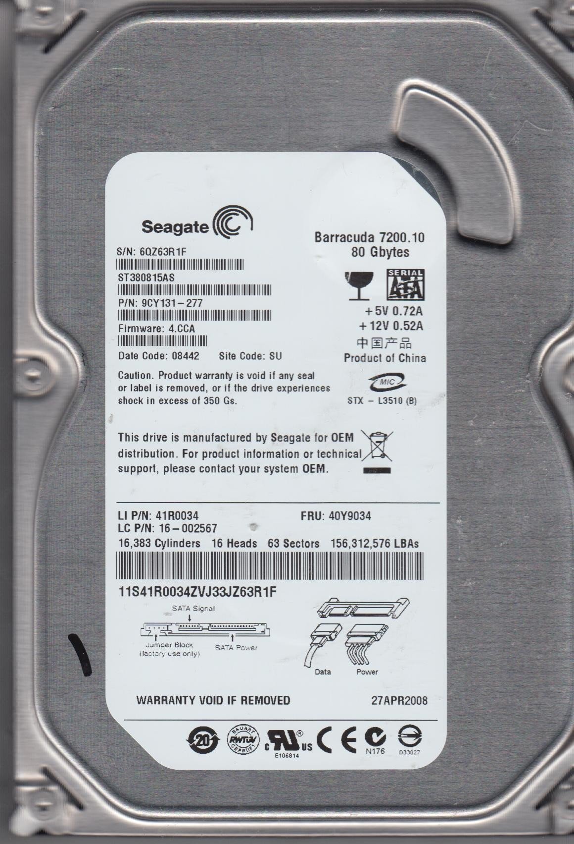 Seagate 80 GB 3.5-Inch SATA 7200 8 MB Bulk/OEM Hard Drive ST380815AS