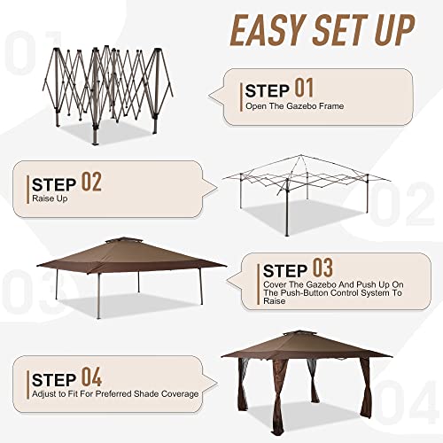 PHI VILLA 13'x13' UV Block Sun Shade Gazebo Canopy with Hardware Kits, Gazebo Shade for Patio Outdoor Garden Events, Brown