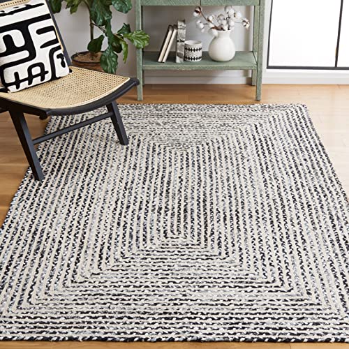 SAFAVIEH Braided Collection Area Rug - 8' x 10', Black & Navy, Handmade Farmhouse Cotton, Ideal for High Traffic Areas in Living Room, Bedroom (BRD260N)