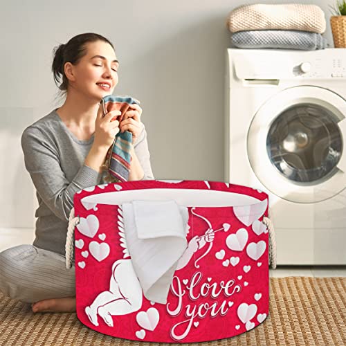 Love You Heart Pattern Large Round Baskets for Storage Laundry Baskets with Handles Blanket Storage Basket for Bathroom Shelves Bins for Organizing Nursery Hamper Girl Boy