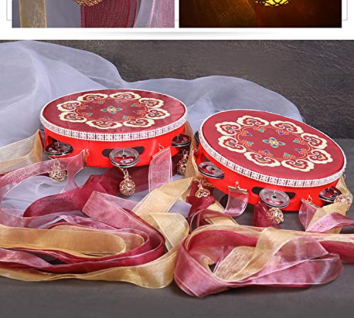 Hanfu Hand Drum with Red Ribbon Retro Tambourine Ancient Accessories Hand-Held Ribbon Drum