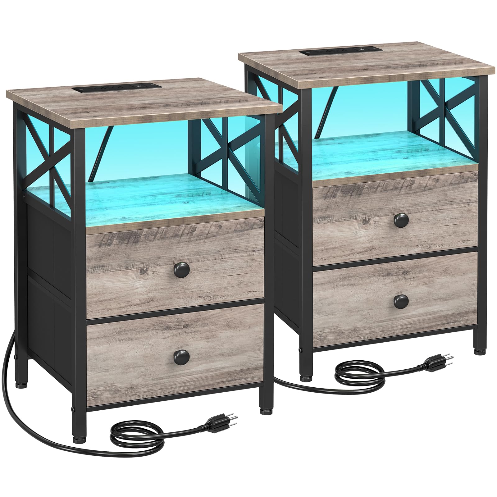 AMHANCIBLE Night Stand Set 2, LED Nightstands for Bedroom Set of 2 with Charging Station, End Table with USB Port and Outlet, Side Table with 2 Storage Drawers for Living Room, Greige, HET052LGY