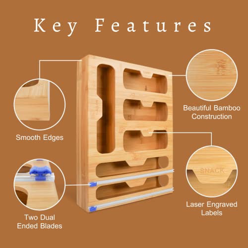 HEATHERVALE Bamboo Ziplock Bag Organizer for Pantry - 6 in 1 Sandwich Baggie Organizer Compatible with Gallon, Quart, Snack, Sandwich Storage Bags, Foil & Plastic Wrap Dispenser