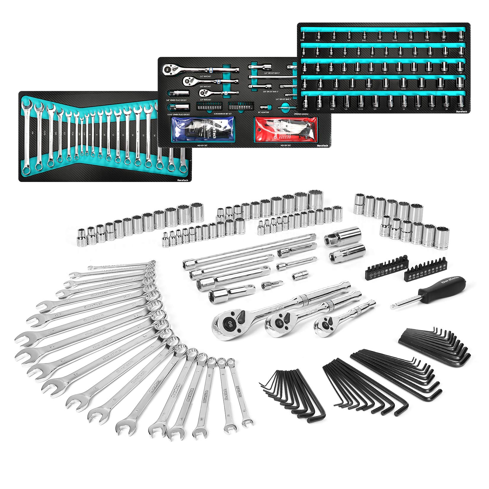 DURATECH 149-Piece Mechanics Tool Set, Include SAE/Metric Sockets, 90-Tooth Ratchet and Wrench Set for Auto Repair