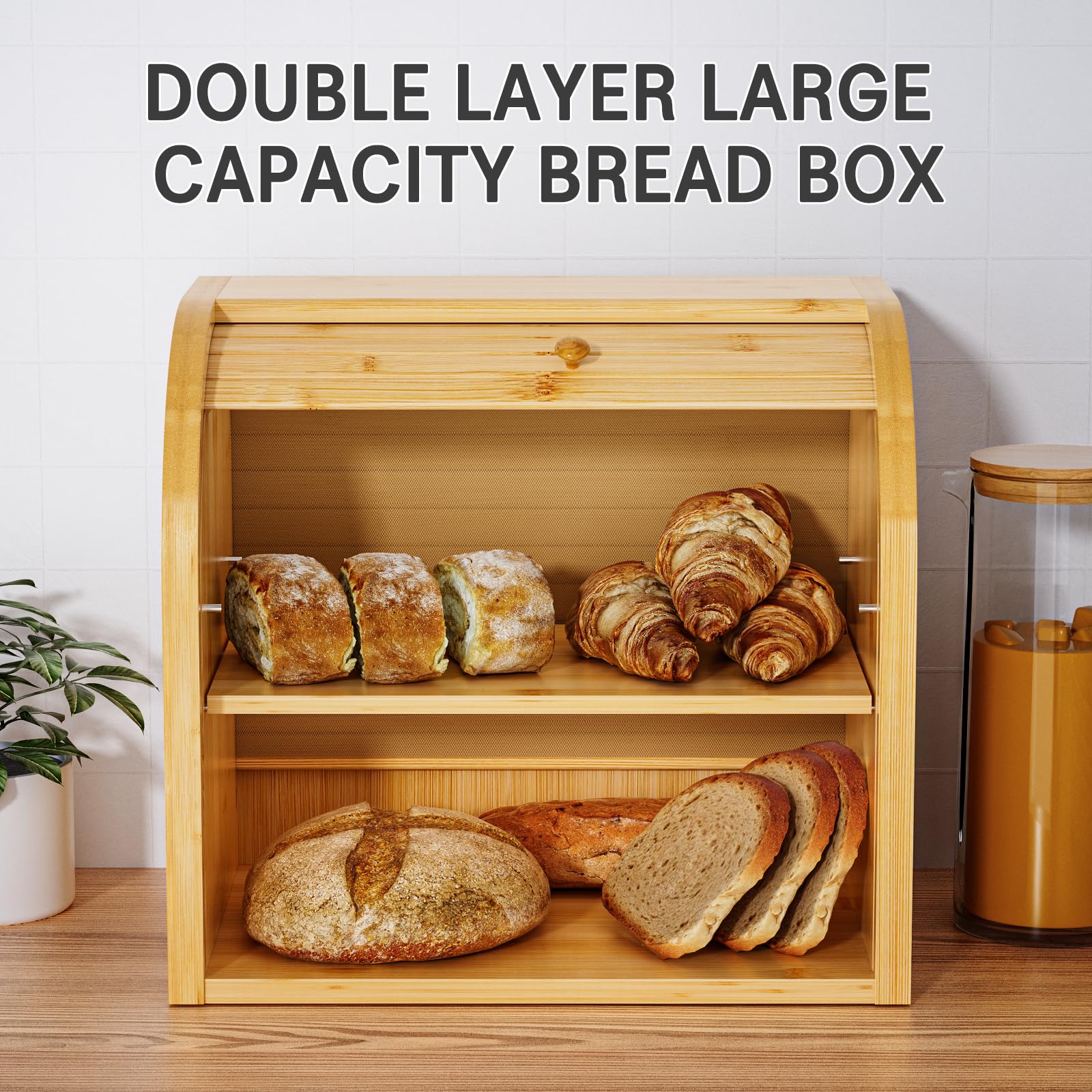 Merysen 2 Tier Bamboo Bread Box for Kitchen CountertopâBread Storage Holder, Large Capacity Bread Storage Container, with Removable Layer for Home Storage and Display (Self-assembly)