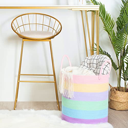 MINTWOOD Design Large Decorative Woven Cotton Rope Basket, Tall Laundry Basket Hamper, Blanket Basket for Living Room, Storage Baskets for Toys, Towel, Throw, Pillow, 60L Pastel Rainbow