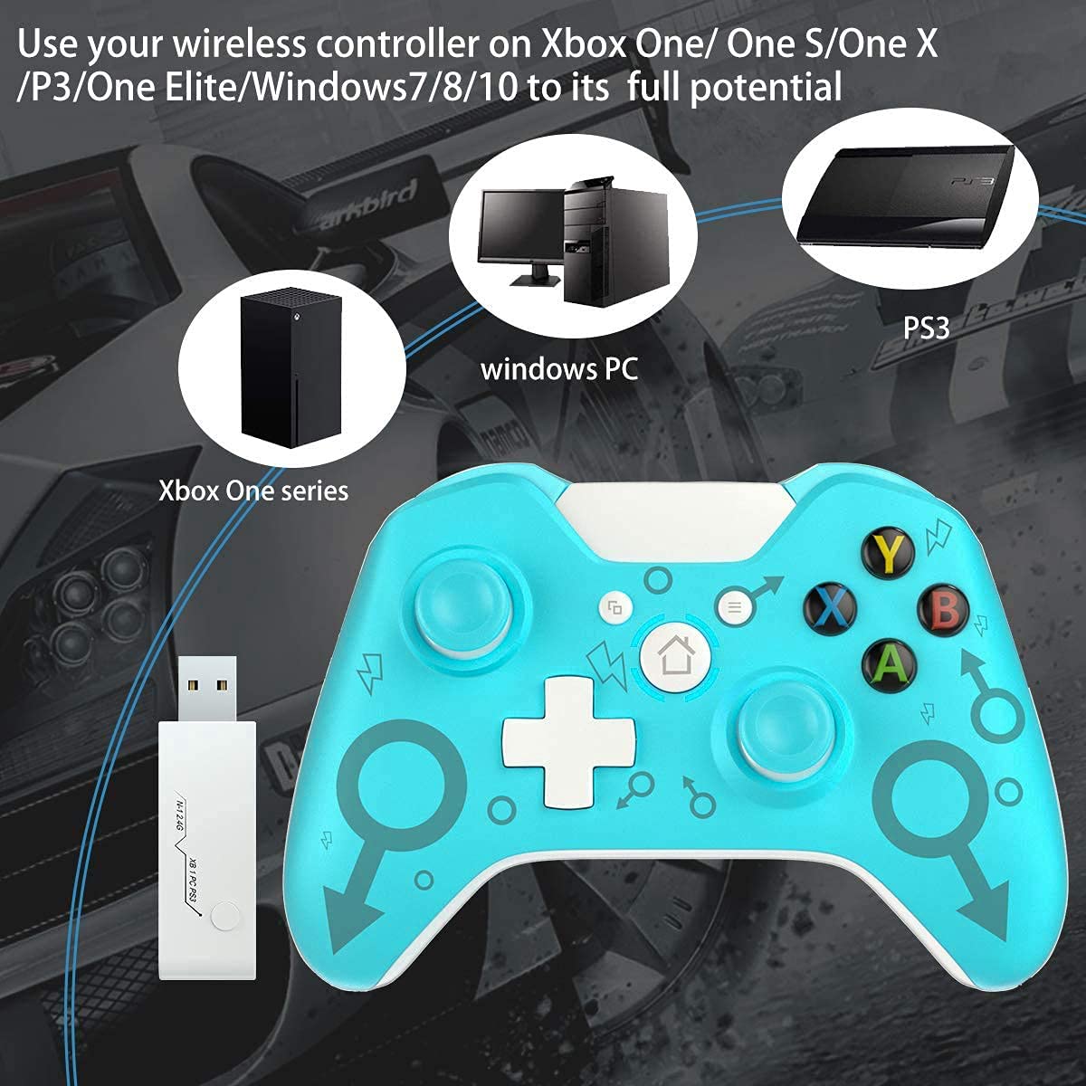 HanSY Wireless Controller for Xbox One, Fit for Xbox Series X/S/Xbox One S/One X/PS3 /One Elite/Windows 7/8/10,Wireless PC Gamepad with 2.4GHZ Wireless Adapter-No Headphone Jack