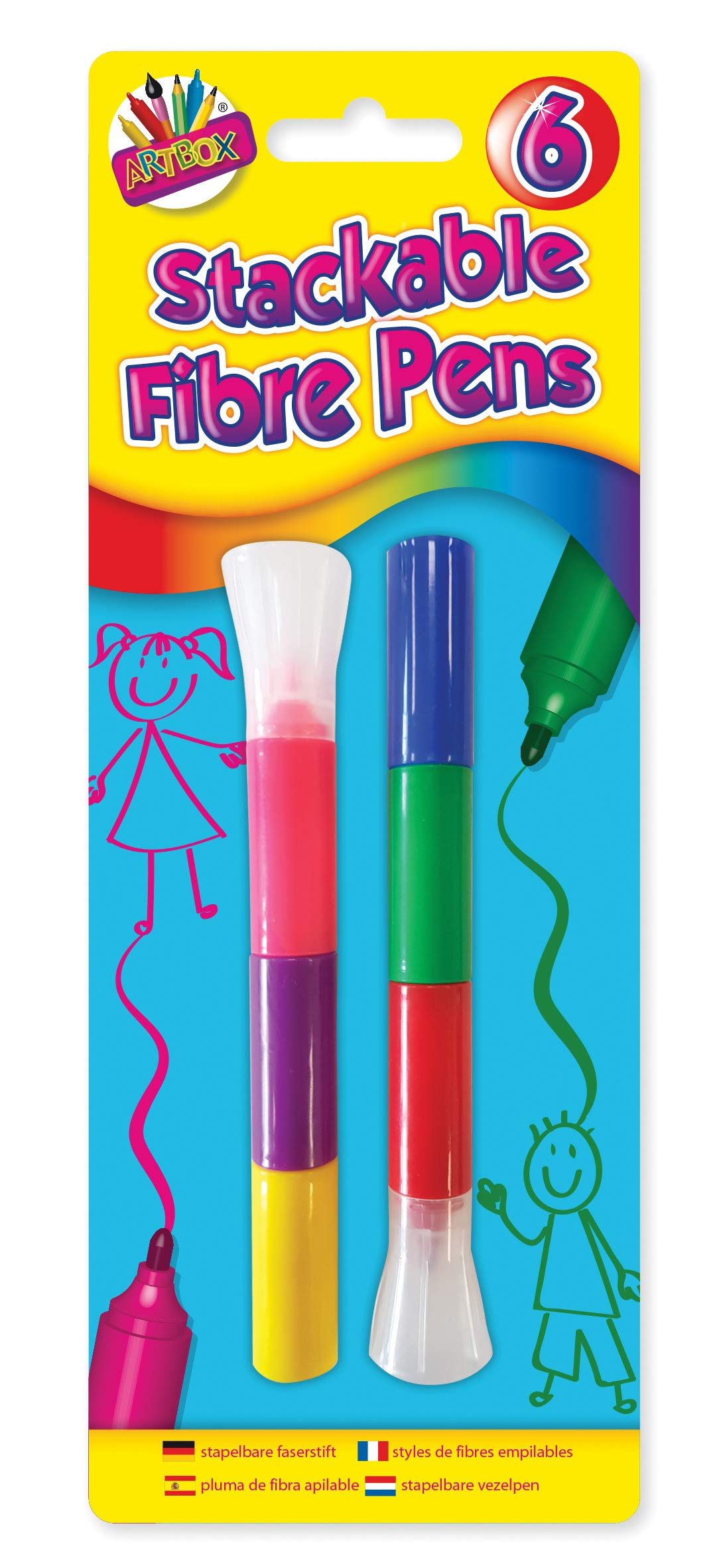 Art Box 6 Stackable Fibre Pens, Assorted, 23.8 x 9 x 1.7 cm