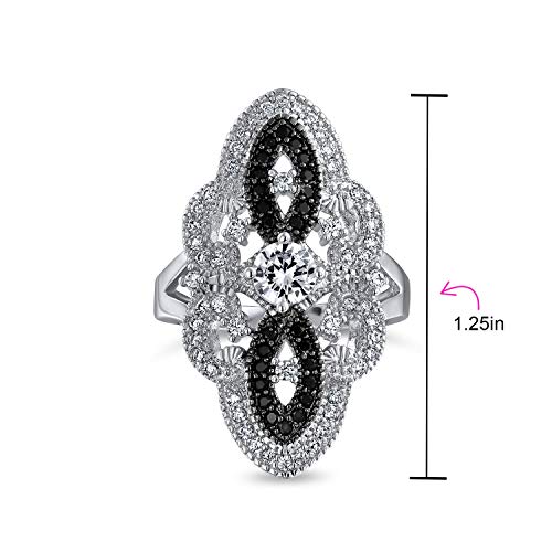 Art Deco Style Black White CZ Filigree Wide Fashion Statement Armor Full Finger Ring For Women Silver Plated Brass