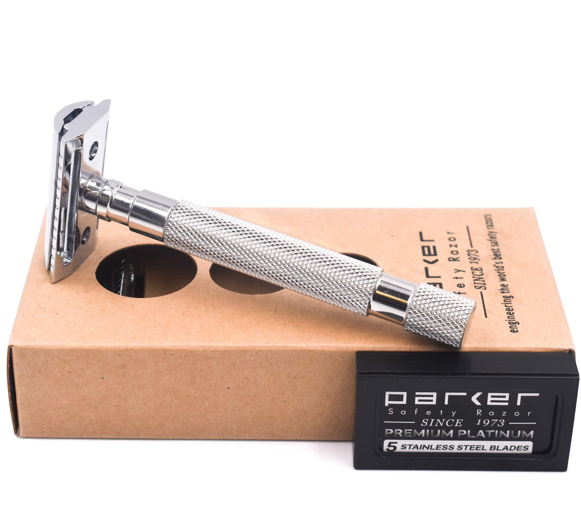 Parker 64S Stainless Steel Handle Double Edge Safety Razor & 5 Premium Blades