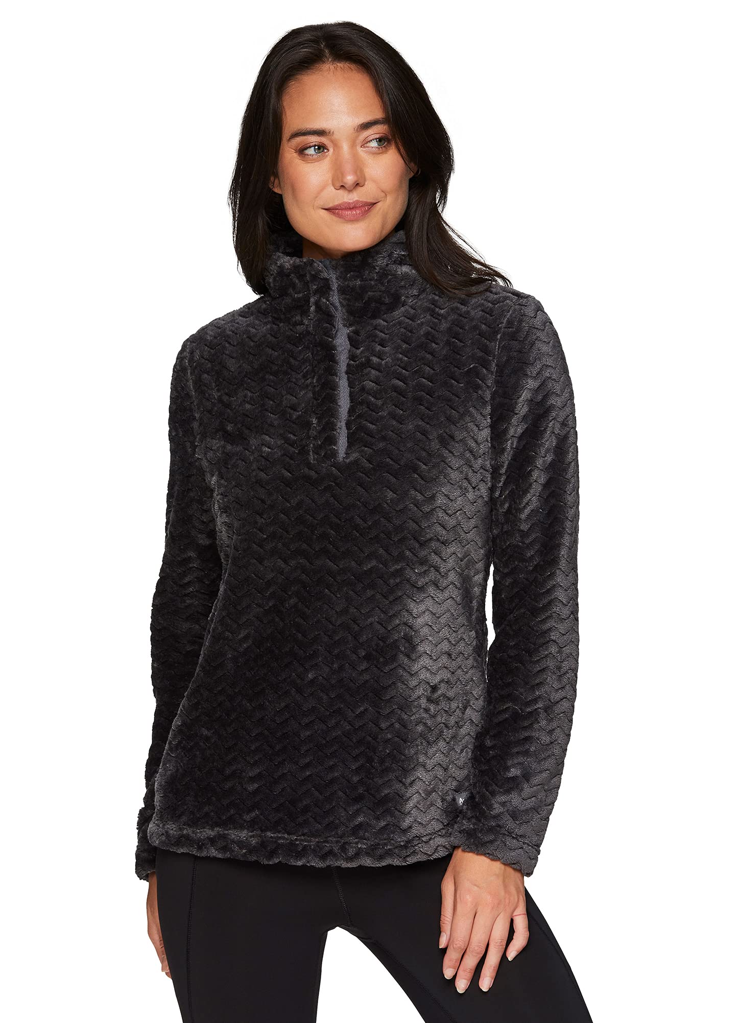Avalanche Women's Sherpa 1/4 Snap Sweatshirt, Indoor/Outdoor Partial Snap Up Mock Neck Textured Chevron Super Soft Faux Fur Pullover Charcoal M