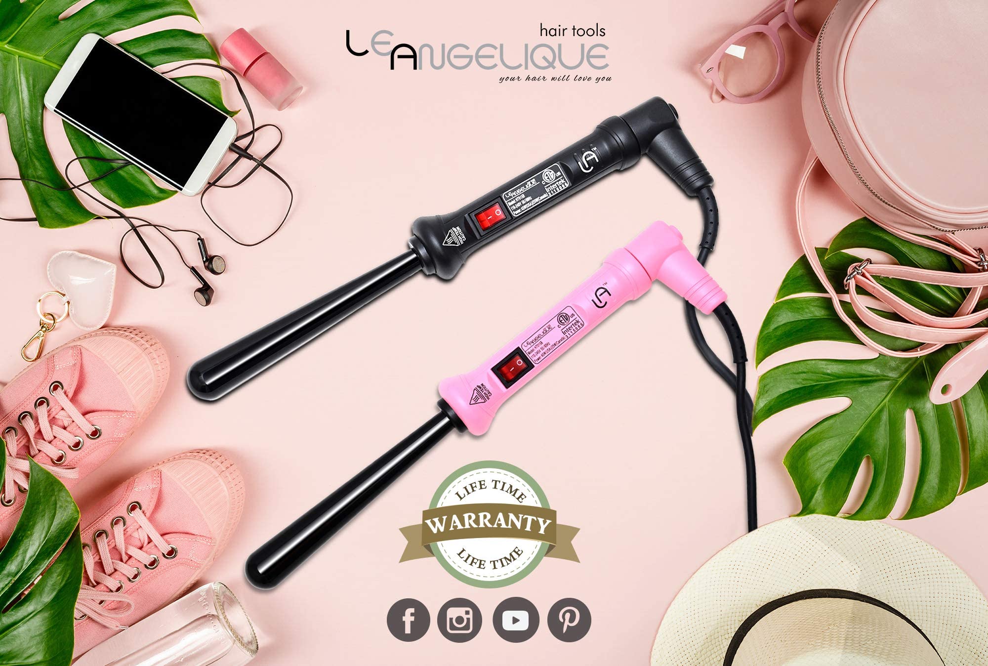 Le Angelique Reverse Tapered Curling Wand for a Unique Curly Look - 1/2 to 1 Inch (13-25mm) Conical Curler Iron with Glove and 2 Clips | 430F Instant Heat | Ceramic Coating | Dual Voltage - Black