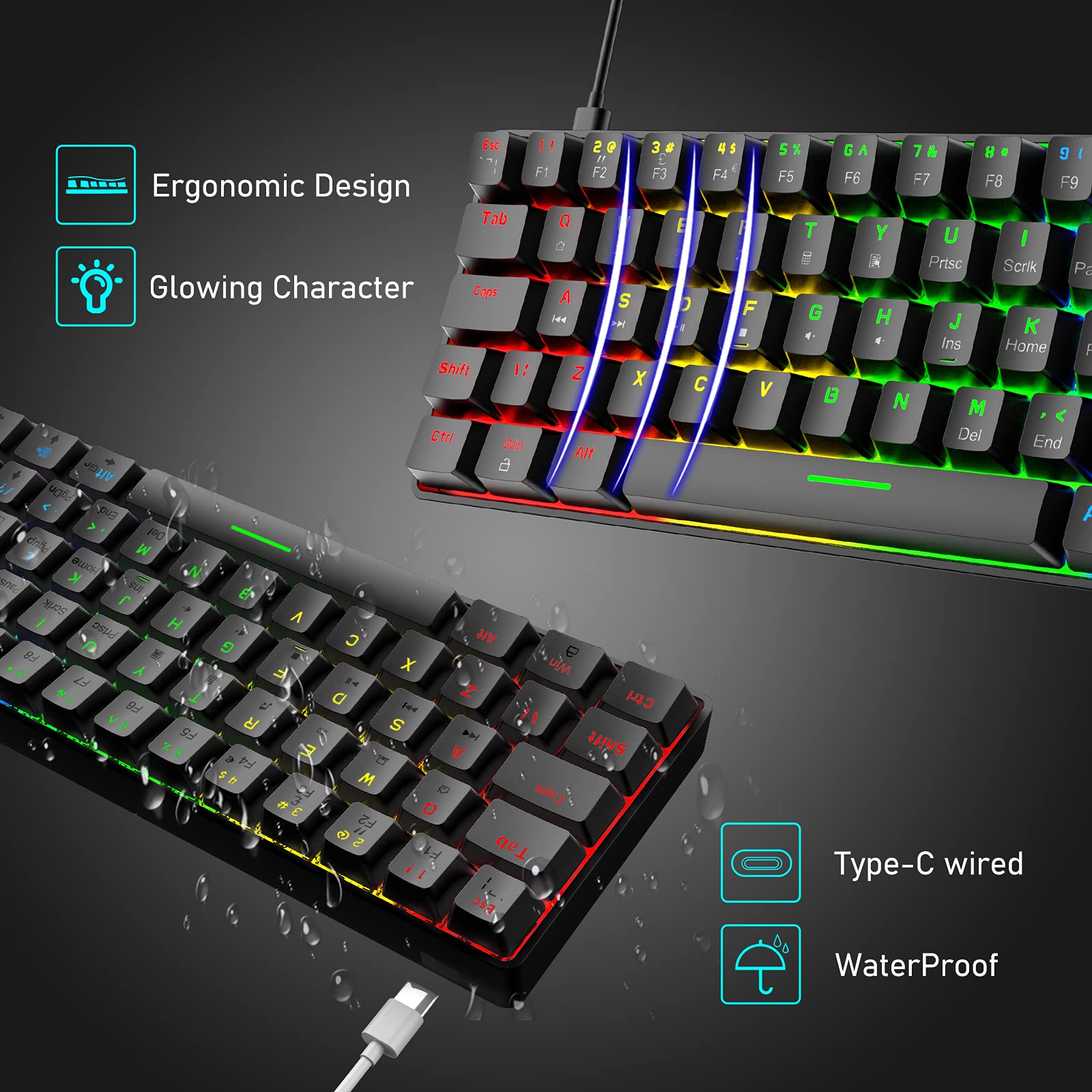 Mechanical Gaming Keyboard and Mouse Mini Wired Combo with RGB Headset Rainbow Backlight Ergonomic 62Key Anti-Ghosting Adjustable Mic 6400DPI Mice USB-C for PC Gamer Computer Typist(Black/Red Switch)