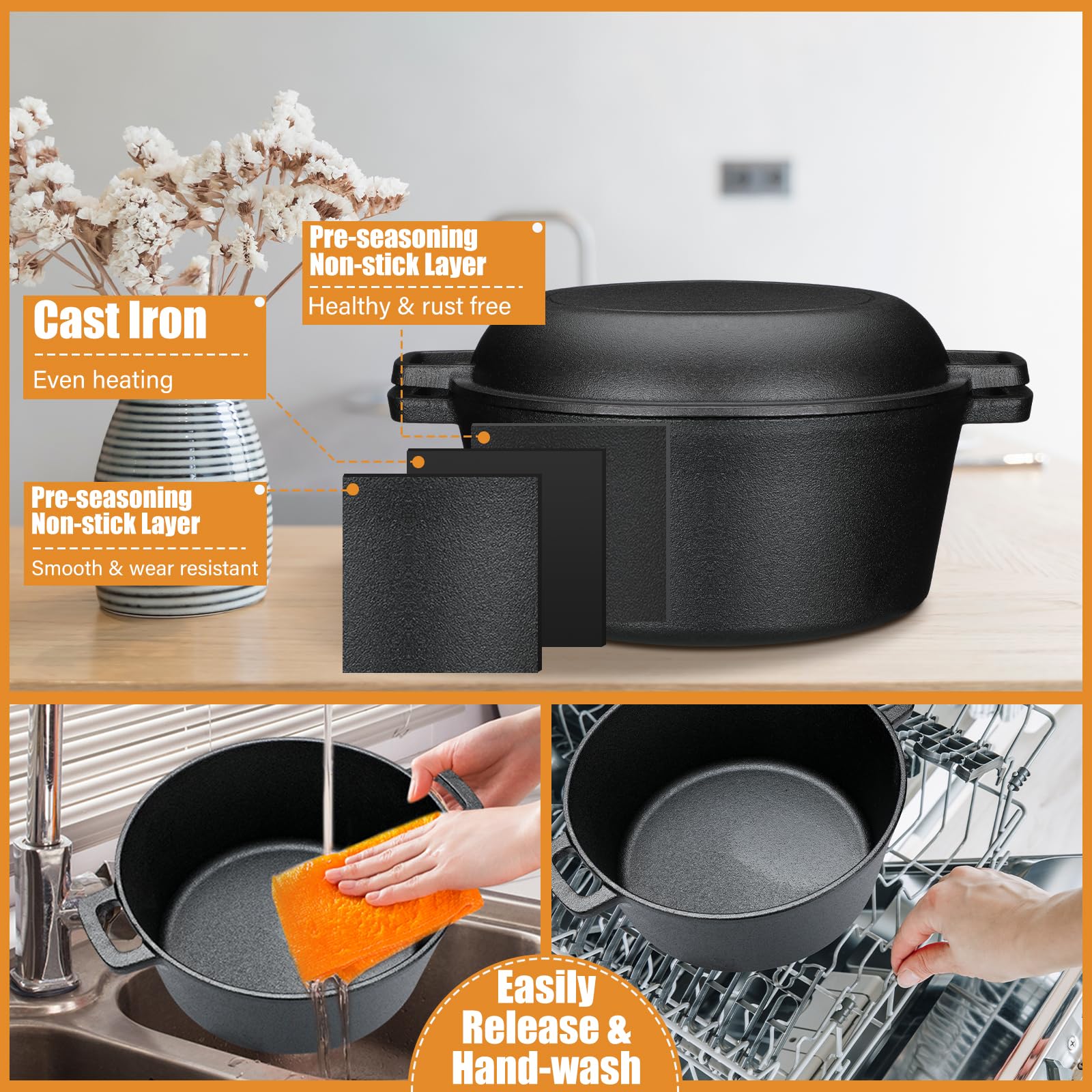 Jingmore 2 in 1 Cast Iron Bread Pan with Lid,10'' Cast Iron Dutch Oven for Bread Baking,5 QT Pot and 2 Quart Skillet Lid Pan with Dual Handles, Dutch Oven for Sourdough with Silicone Baking Mat