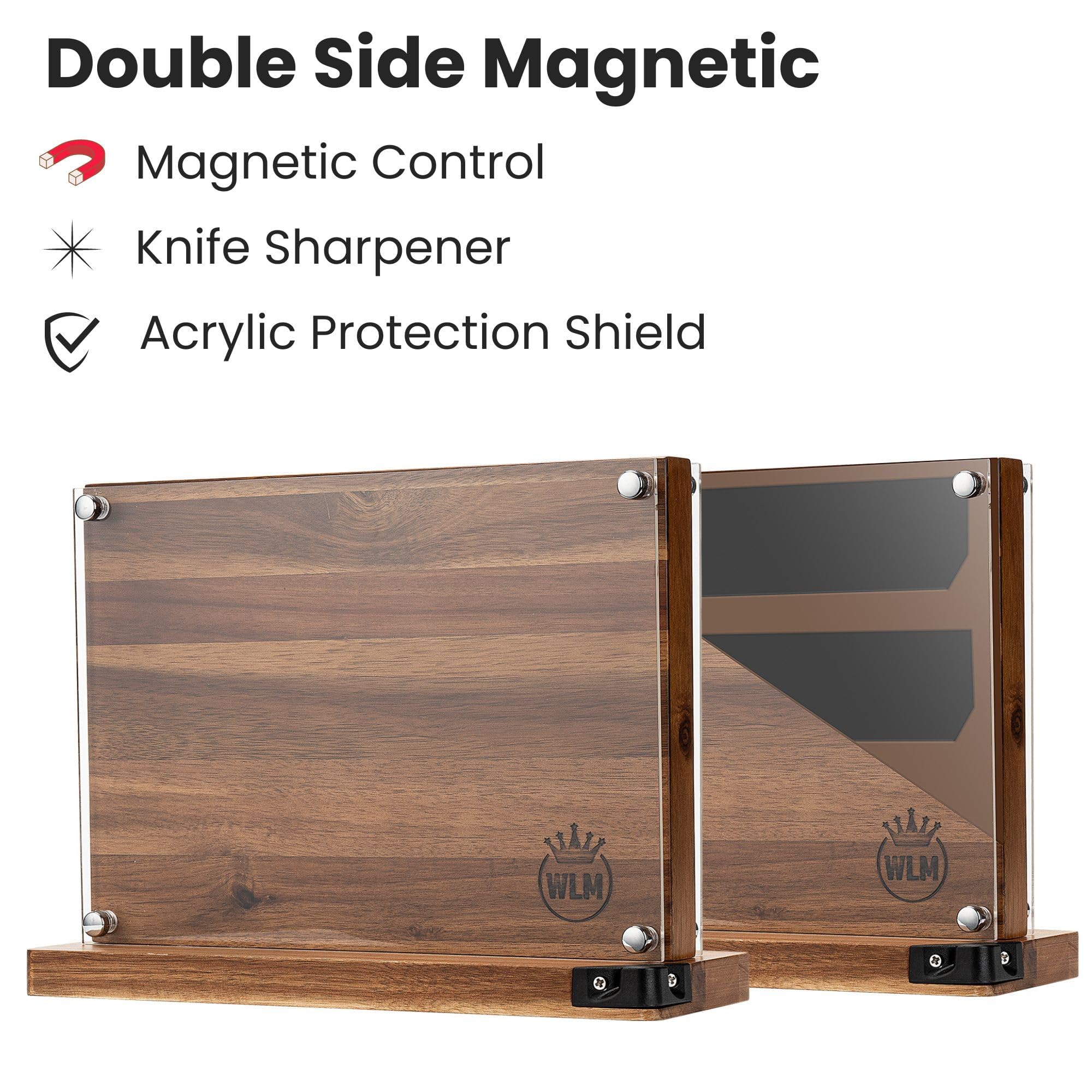 WLM Magnetic Knife Block with Acrylic Shield&Knife Sharpener Double Side Kitchen Knife Holder without Knives. Magnetic Stands with Strong Magnet Multifunctional Storage Knife Holder. Fully Assembled