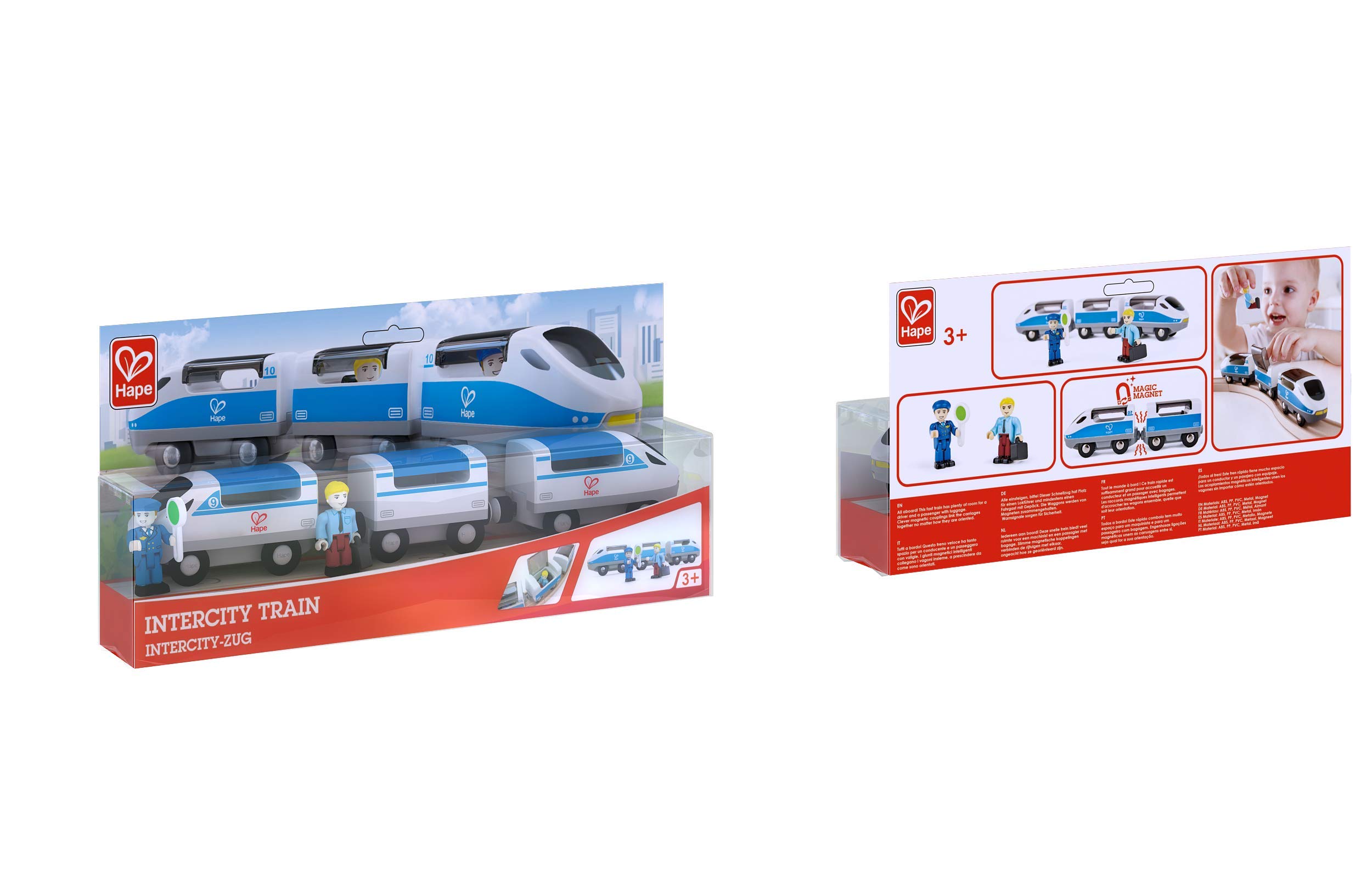 Hape E3728 Intercity Train Toy, Kids Train Toy Set with Accessories, 3 x Open/Close Magnetic Carriages, Passenger and Driver Figurines Included, Multicolor, 10.63" x 1.5" x 1.97", 7 Pack