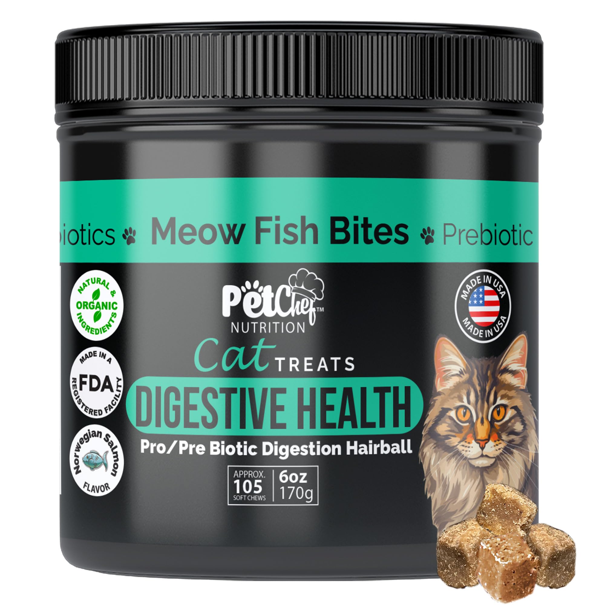 Pet Chef Meow Bites: Premium Probiotic Cat Treats - Fortify Health with Feline-Specific Probiotics, Stop Cat Diarrhea-Proviable Fera Fortiflora Blend. Helps All Cats wtih Better Digestion at Any Age!