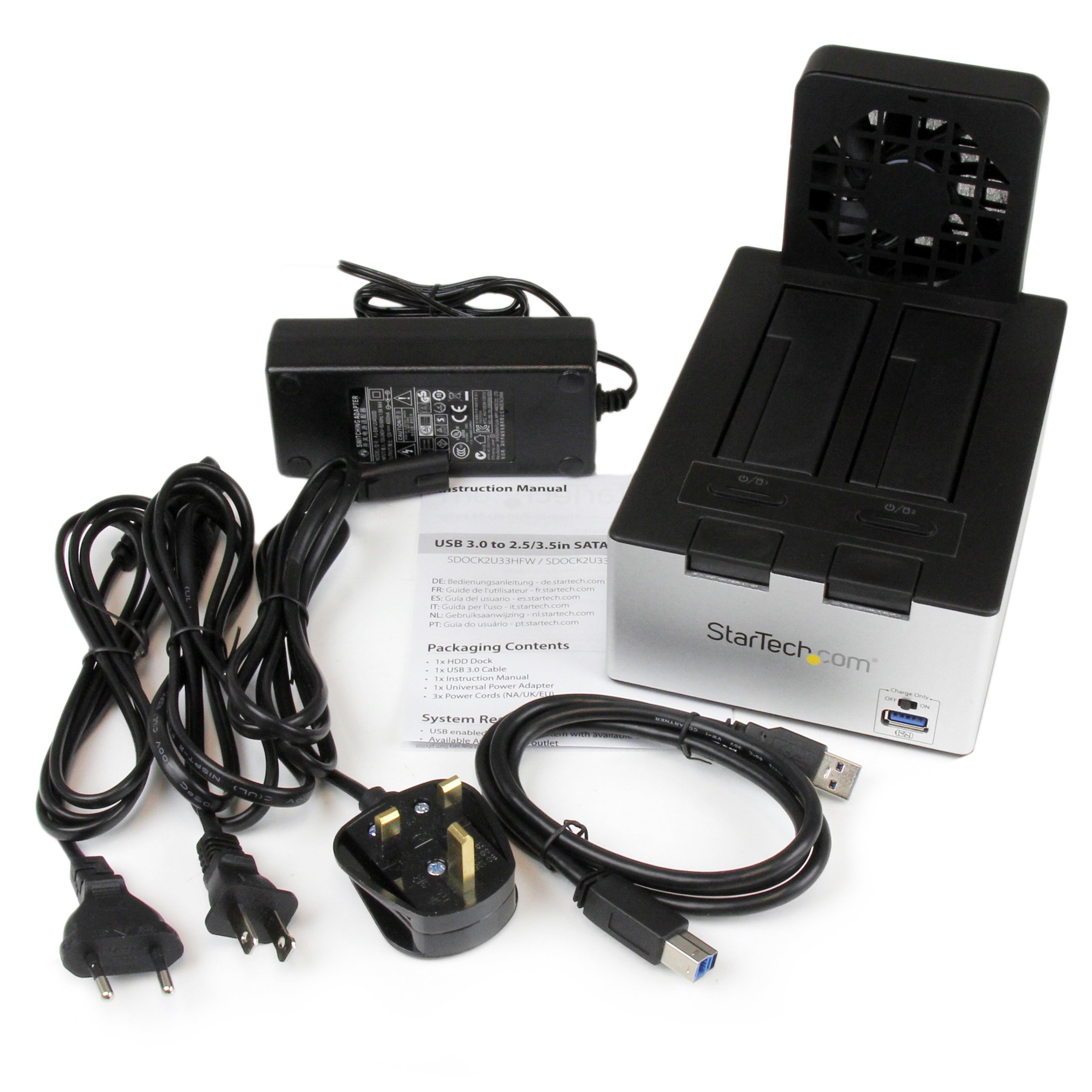 StarTech.com USB 3.0 Dual SATA Hard Drive Docking Station with Fast Charge Hub UASP and Fan, Black/Silver (SDOCK2U33HFB)
