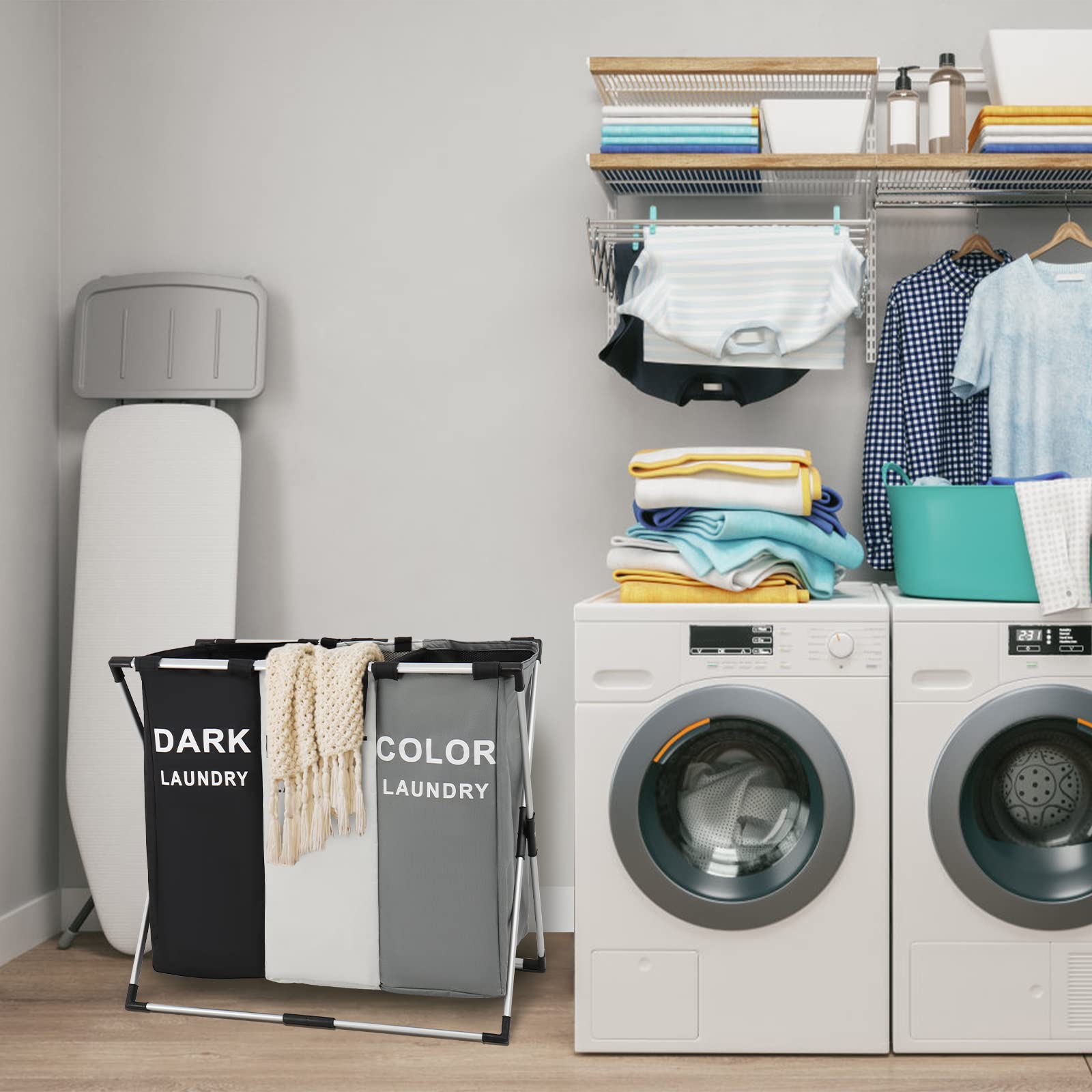 Laundry Basket Hamper 3 Section Dirty Clothes Hamper with Mesh Cover Foldable Aluminum Frame Laundry Sorter Organizer for Bathroom Bedroom Nursery (White+Grey+Black)