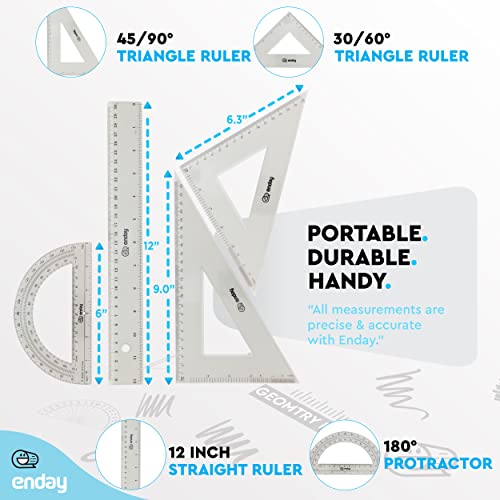 Geometry Plastic Ruler Set, Clear 12 inch/ 30 cm Straight Ruler, Triangle Rulers, Protractor Ruler Tool Set, Transparent School and Office Supplies Math Rulers for Kids and Adults, Set of 4 β By Enday