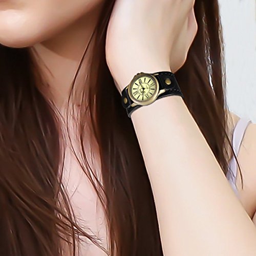 Avaner Unisex Punk Retro Bronze Round Dial Black Wide Leather Belt Strap Cuff Bracelet Roman Numerals Analog Quartz Wrist Watches