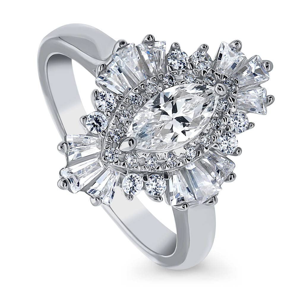 BERRICLE Sterling Silver Halo Wedding Engagement Rings Marquise Cut Cubic Zirconia CZ Statement Cluster Ring for Women, Rhodium Plated Size 5