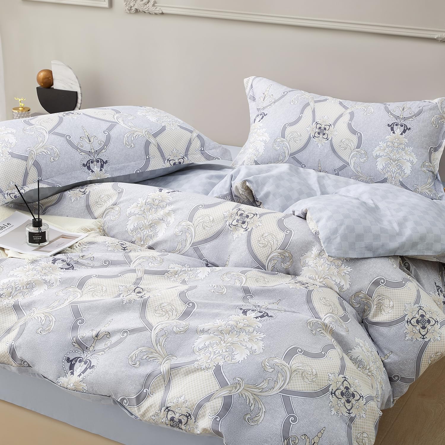 SAPHREAS Home Grey Bohemian Duvet Cover Set Queen Size 100% Cotton 3pcs Exotic Style Retro Comforter Cover Soft&Breathable 1 Duvet Cover 2 Pillowshams