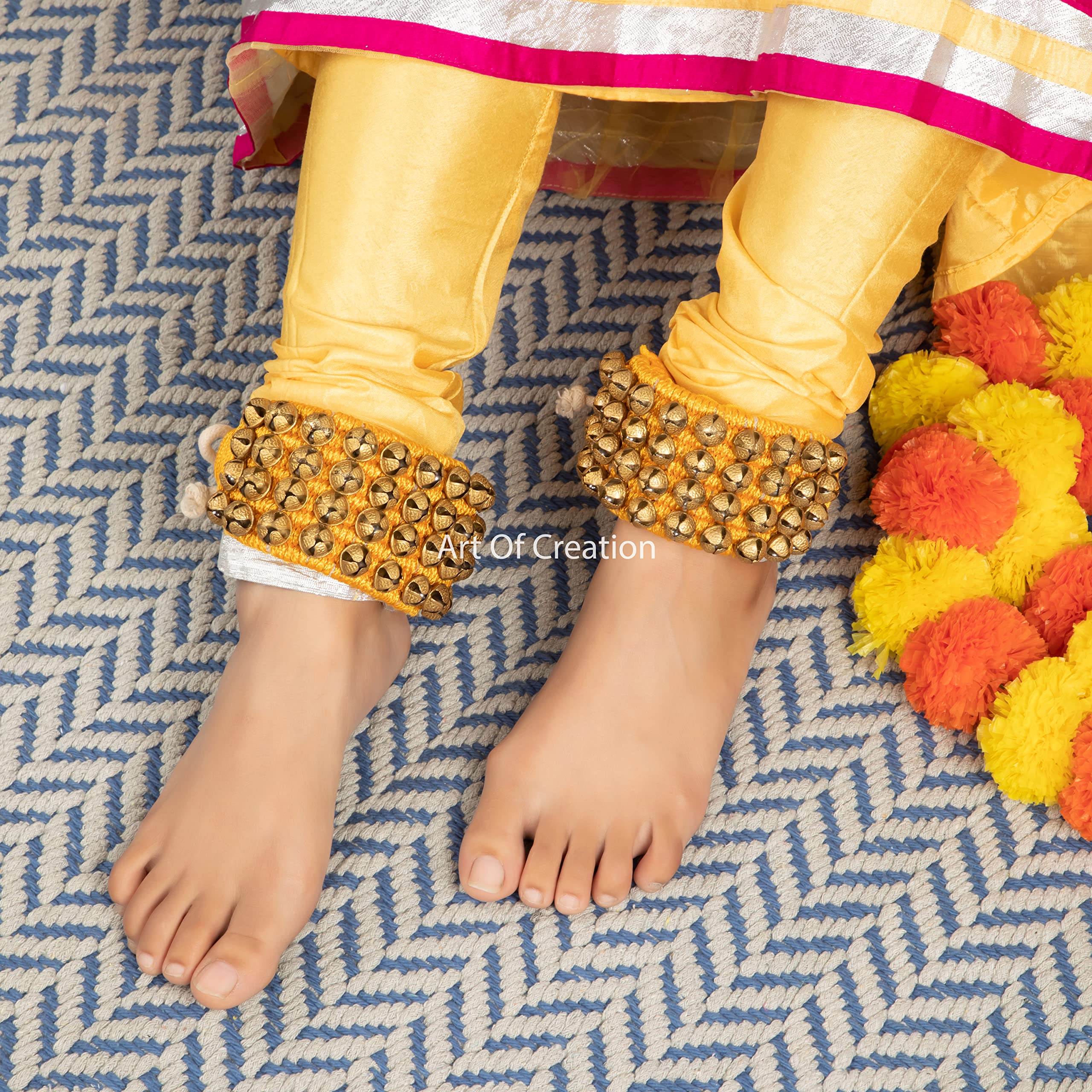 Art Of Creation Kathak Dancing Ghungroo Anklet Pair Yellow 4 line Padded Indian Classical Dancers Ghungroo, Bharatanatyam Ghungroo (Yellow)