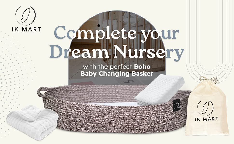 IK MART β Baby Changing Basket β 100% Cotton Rope Diaper Basket - Changing Pad, Portable and Waterproof - with Extra Pad and Burp Cloth - Lighter in Weight - Boho Nursery Decor