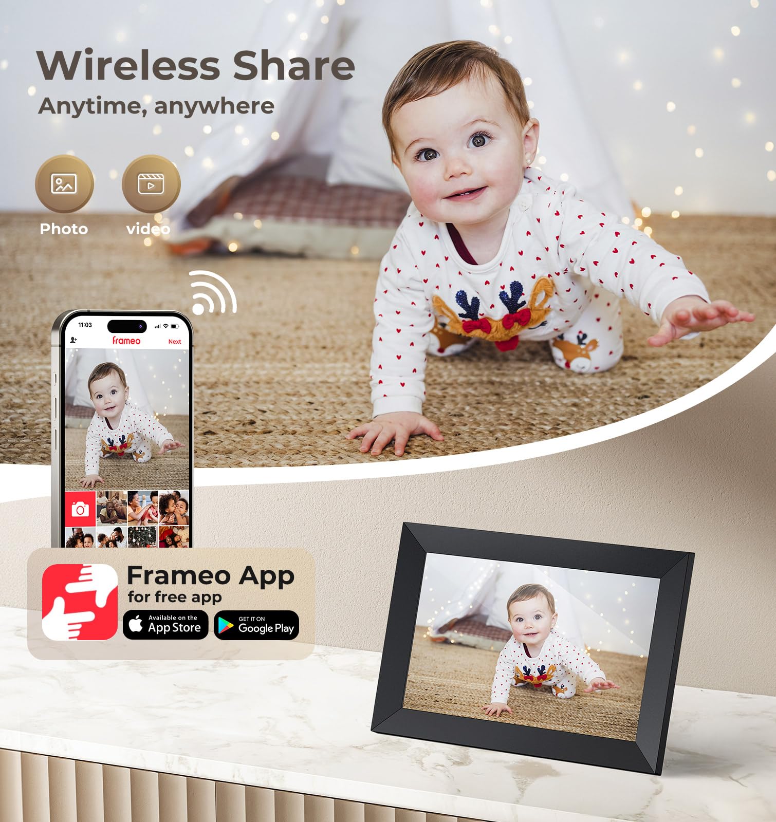 Frameo Digital Picture Frame WiFi 10.1inch Digital Photo Frame,Electronic Photo Frame Load from Phone,1280x800 IPS Touch Screen HD Display,Auto-Rotate,Share Photos/Video-Great Gift (Grey)
