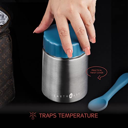 Earthmade Stainless Steel Insulated Food Jar,13 oz Food Thermos for Hot Soup & Cold Fruit, Ceramic Interior Food Container, Silicone spoon Eco-Friendly