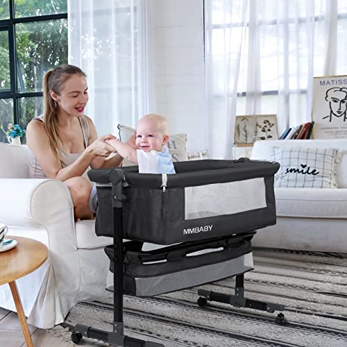 MMBABY Baby Bassinet Bedside Sleeper Bedside Crib Easy Folding Portable Crib 3 in 1 Travel Baby Bed with Adjustable Height,Breathable Net,Large Storage Bag and Mattress