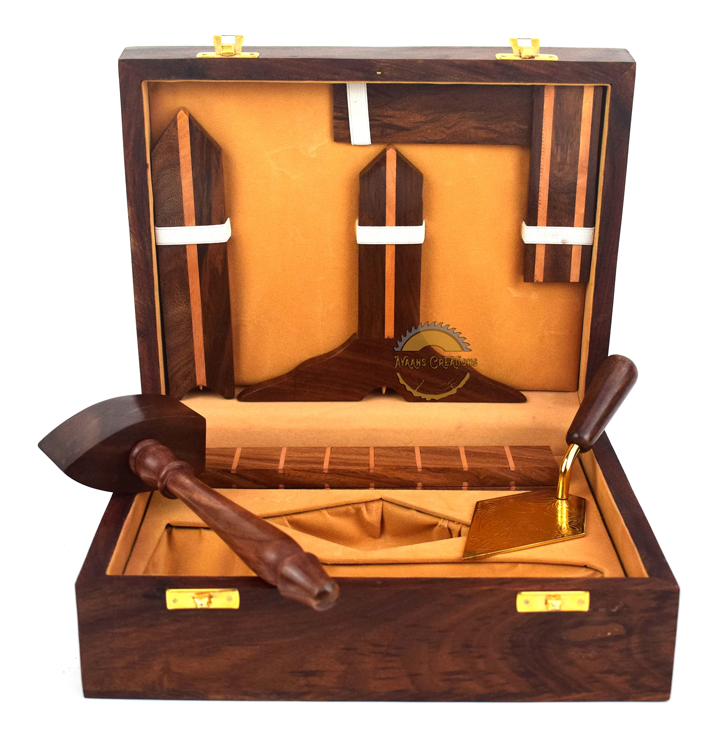 Wooden Masonic Plumb Square And Rule Wooden Masonic Working Tools set with Golden Color Plated trowel Fully Classic Creamy Theme by AYAANS (Cream Theme)
