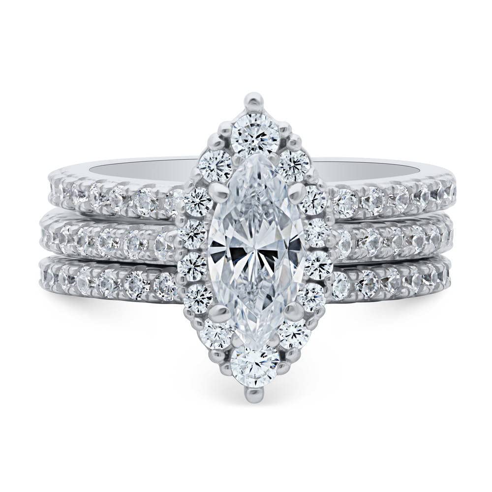 BERRICLE Sterling Silver Halo Wedding Engagement Rings Marquise Cut Cubic Zirconia CZ Ring Set for Women, Rhodium Plated Size 8