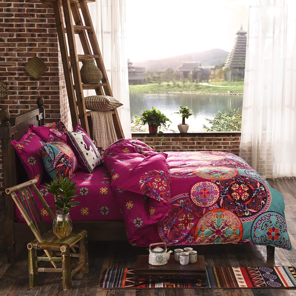 DasyFly 4PCS Bohemian Bedding Lightweight Microfiber Boho Duvet Cover Set Full Queen Size Rose Red Floral Bedding Mandala Duvet Cover with Zipper