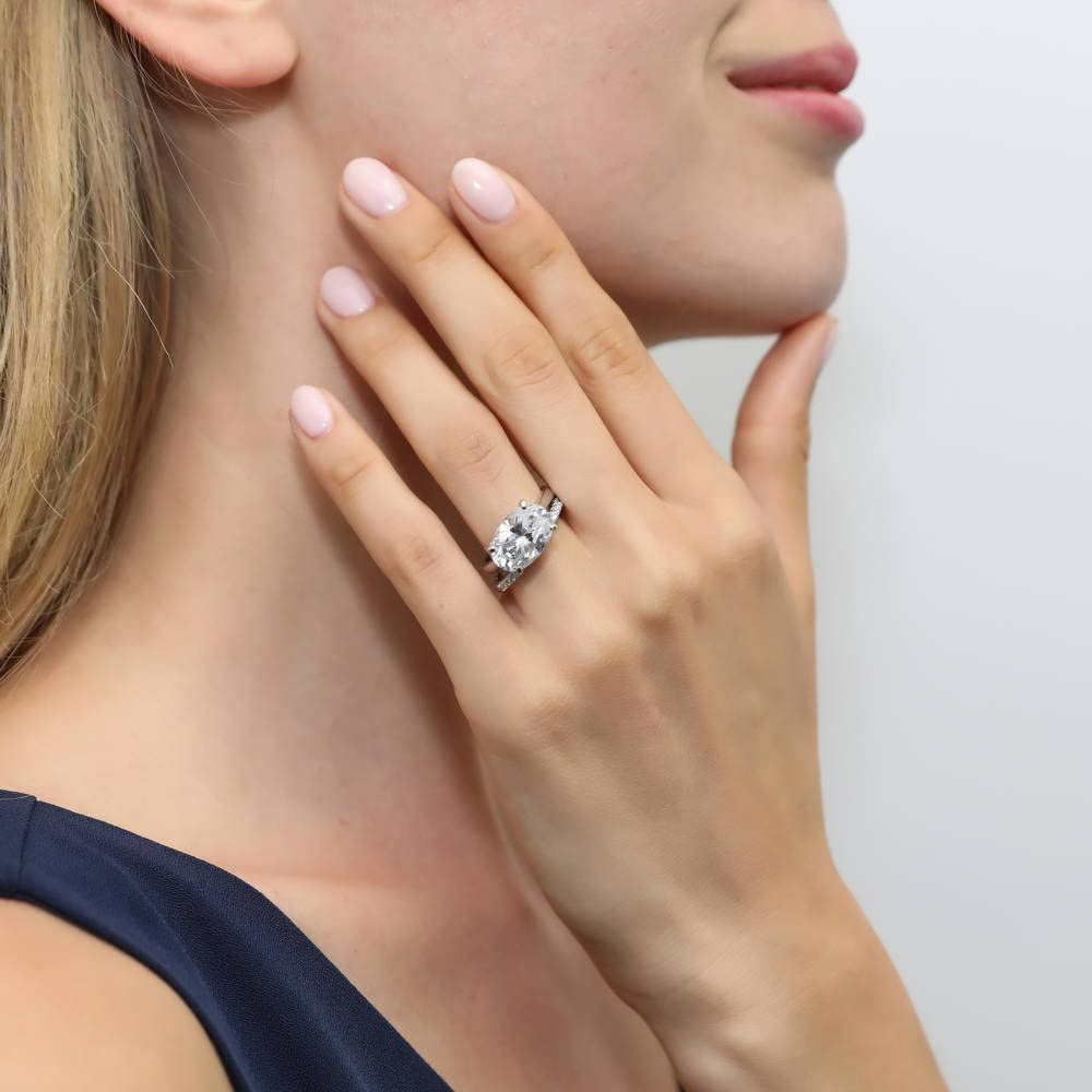 BERRICLE Sterling Silver East-West Wedding Engagement Rings Cubic Zirconia CZ Solitaire Ring Set for Women, Rhodium Plated Size 7