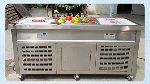 Kolice ETL commercial double square pans fried ice cream machine, frozen yogurt cubes making machine, roll ice cream machine with 10 pcs of refrigerated buckets, 21x21 inches big pan. Auto defrost