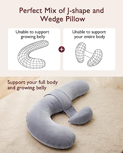 Momcozy Pregnancy Pillows, Original F Shaped Maternity Pillow for Pregnant Women with Adjustable Wedge Pillow, Full Body Support Pregnancy Pillows for Side Sleeping with Velvet Cover, Grey
