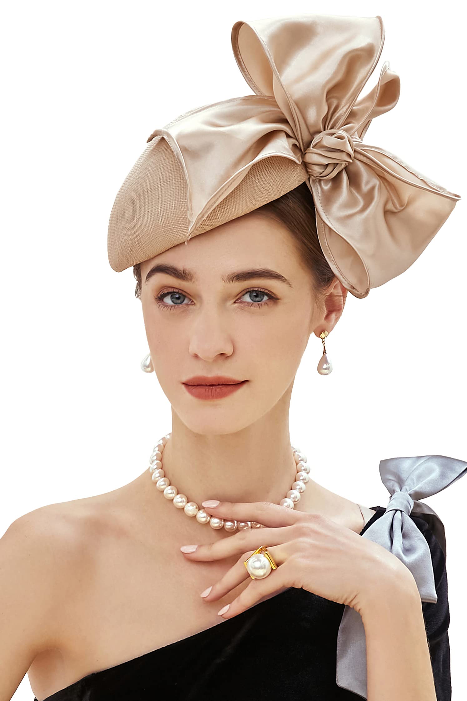 BABEYOND Fascinator Hat for Women Tea Party Derby Hat Mesh Cocktail Pillbox Hat Bridal Wedding Headpiece Champagne