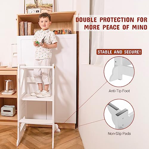 Rendpas Toddler Step Stool With Meal Tray, Wooden Kids Learning Tower For Kitchen Helper and Convertible High Chair, Adjustable Bathroom Step Stool With Safety Rail (White)