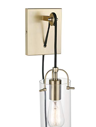 Globe Electric 51629 Nordhaven 1-Light Plug-in or Hardwire Wall Sconce, Antique Brass, Pulley Accent, Clear Glass Shade, Bulb Included