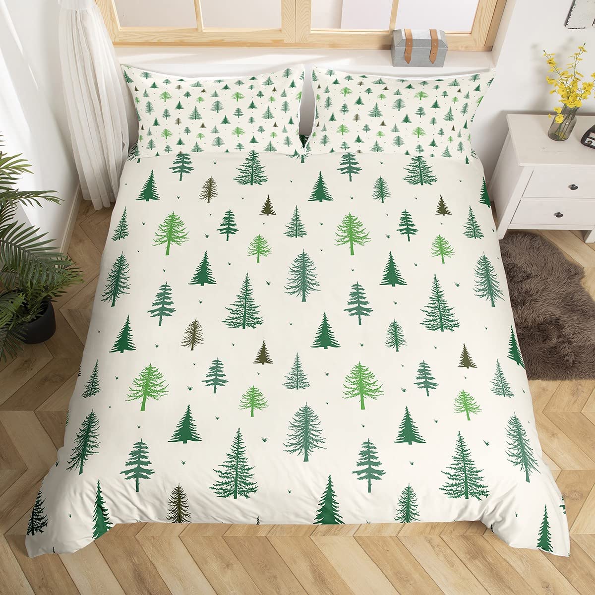 Castle Fairy Christmas Tree Duvet Cover Set Queen Size,Green Pine Bedding Set 3pcs for Kids Teens Girls Boys Room Decor,Nature Plants Comforter Cover Soft Microfiber Quilt Cover with 2 Pillowcases