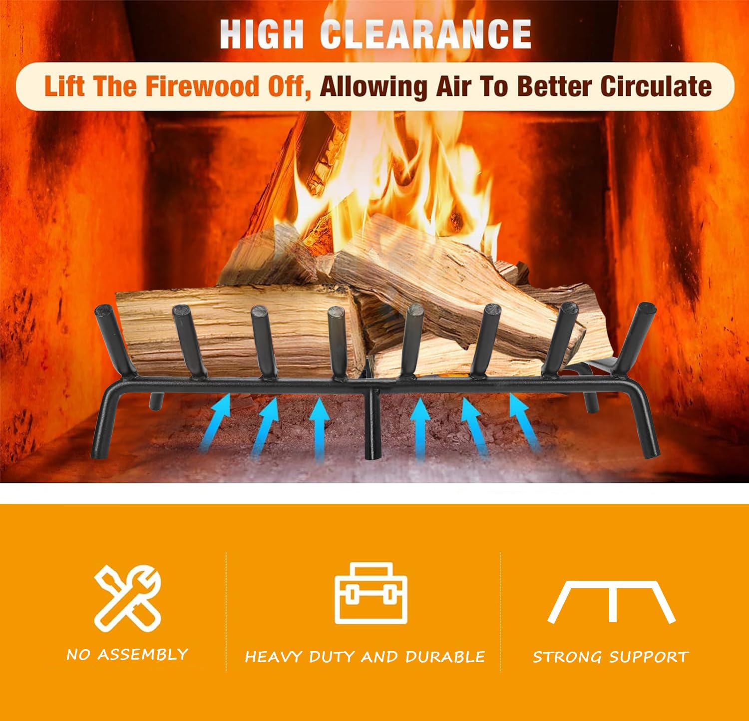 Orgneas Fireplace Grate 30 inch Heavy Duty, Fireplace Log Holder Solid Round Steel Wrought Cast Iron Firewood Burning Rack with 6 Support Legs and 8 Bars for Indoor and Outdoor Fireplace