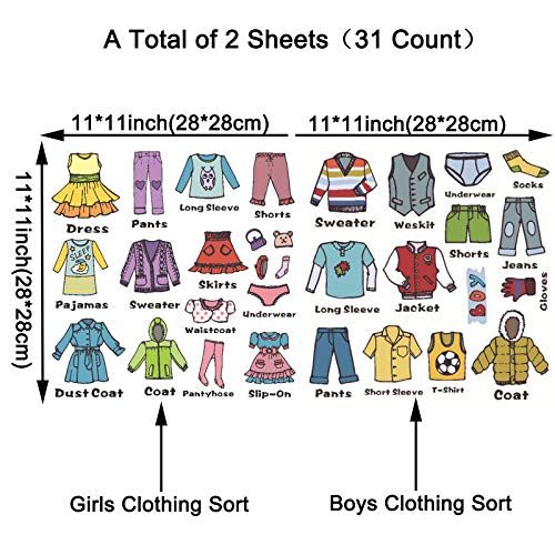 Maydahui 2 Sheets(31 Count) Dresser Clothing Decals 11 * 11inch Boys Girls Clothing Sort Wall Sticker Removable Clothes Classification Label for Wardrobe Drawer Organizing Home Bedroom Decoration