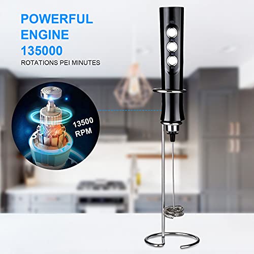 Milk Frother Handheld, Rechargable Coffee Foam Maker with Stand & 2 Whisks, Wanderland 3 Speeds Electric Coffee Mixer for Coffee, Lattes, Cappuccino, Matcha, Hot Chocolate (Black)